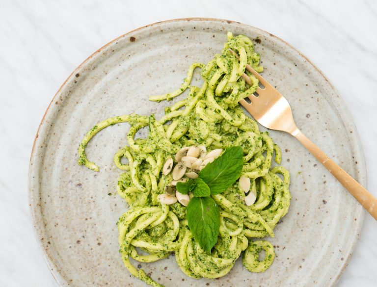 Spiralized Zucchini Noodles with Mint Parsley Pepita Pesto Recipe | goop